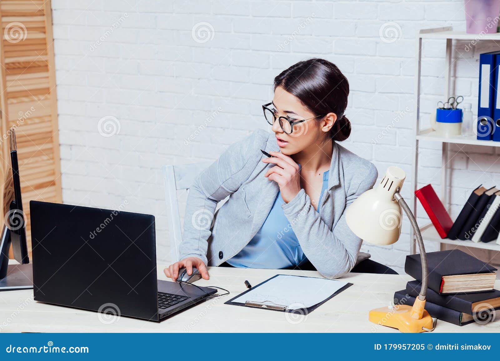 The Girl Works in an Office at a Computer Stock Image - Image of ...