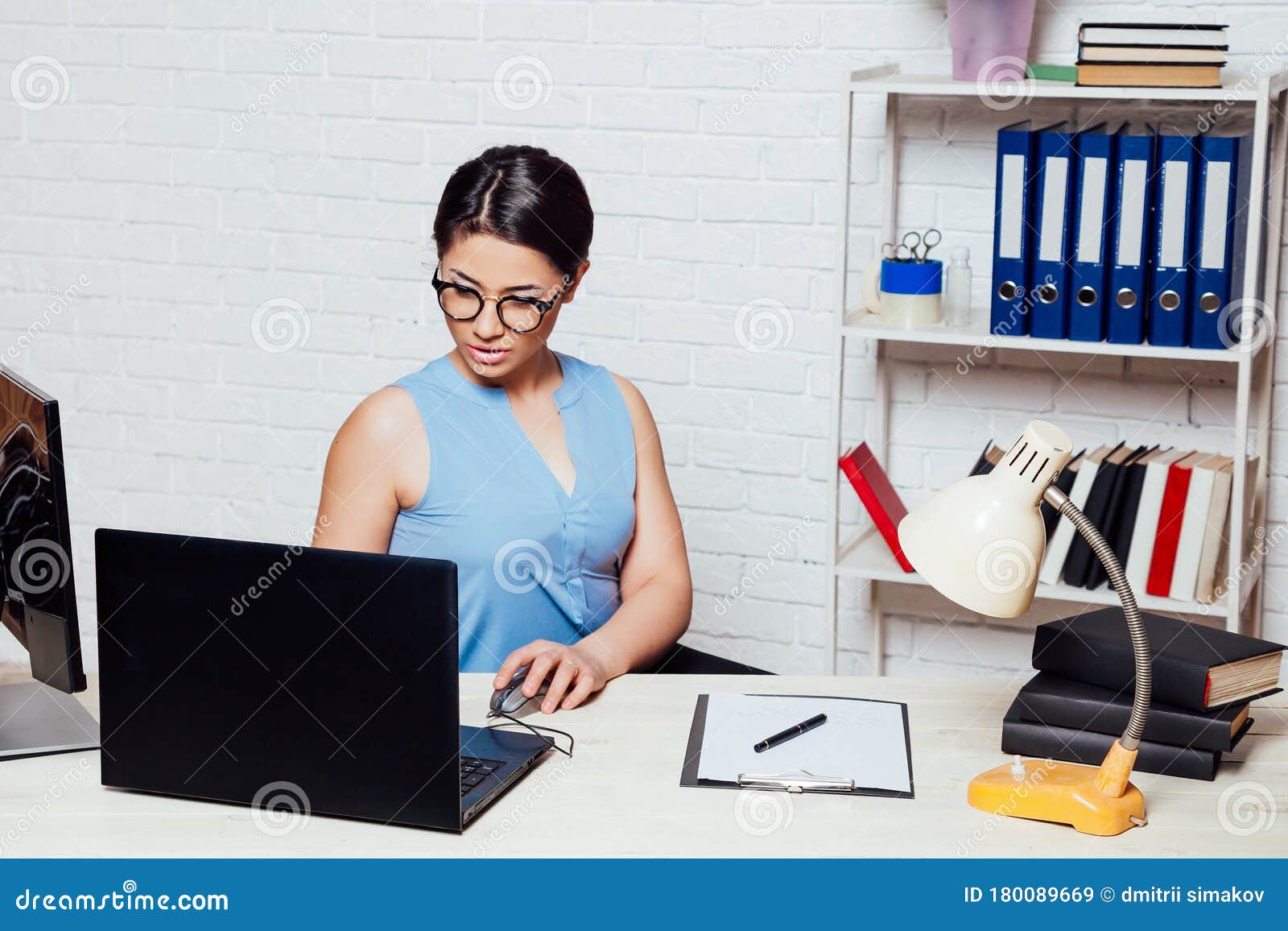 The Girl Works in an Office at a Computer Stock Image - Image of ...
