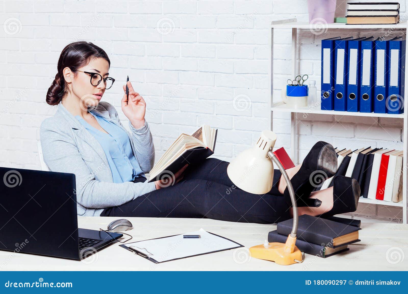 The Girl Works in an Office at a Computer Stock Image - Image of home ...