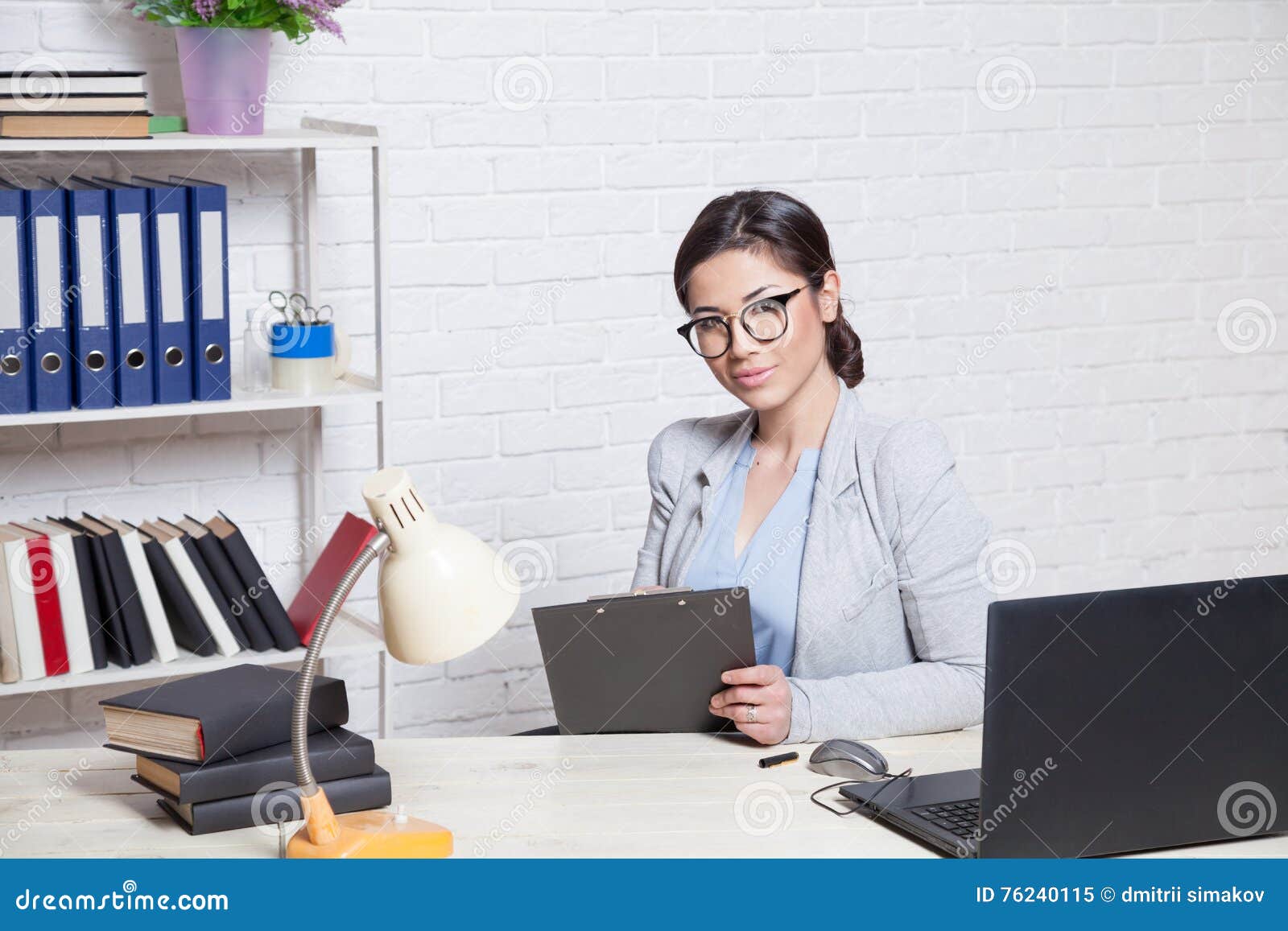 The Girl Works in an Office at a Computer Stock Image - Image of ...