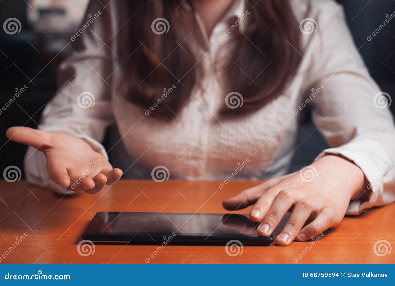 Girl works on the tablet stock photo. Image of female - 68759594