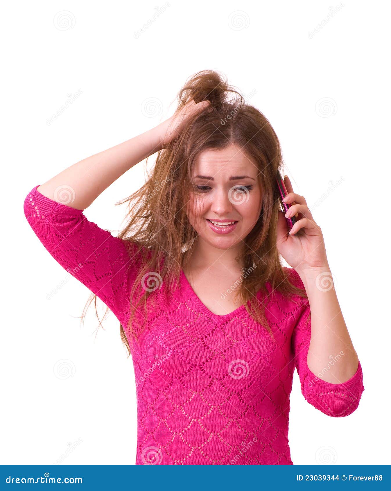 Girl Worrying With Telephone Stock Photo - Image of furniture, portrait ...