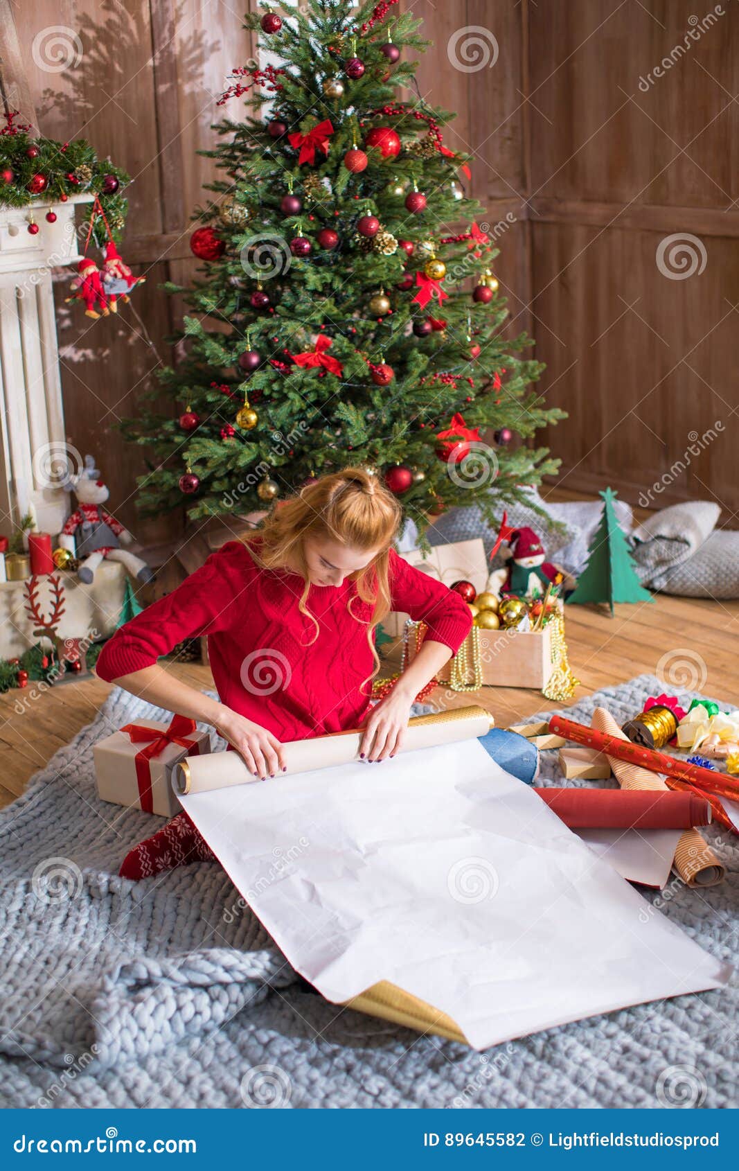 Girl wrapping gift box stock photo. Image of merry, greeting - 89645582