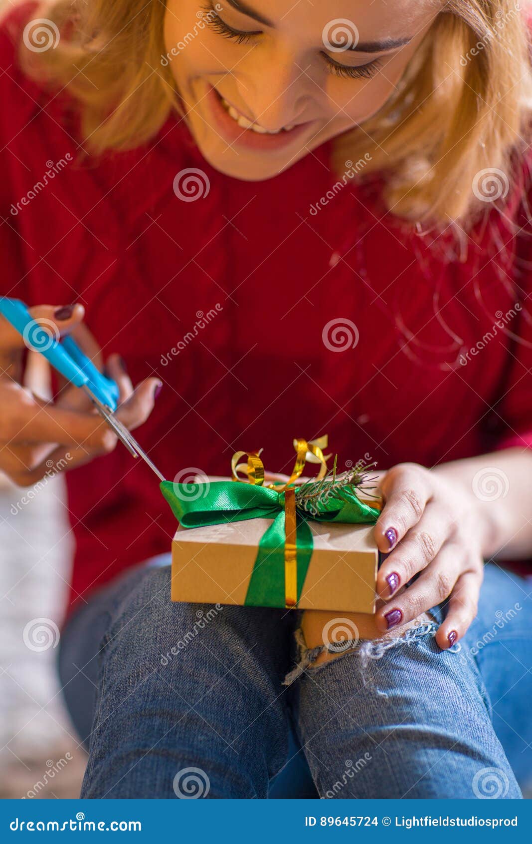 Girl wrapping gift box stock photo. Image of christmas - 89645724