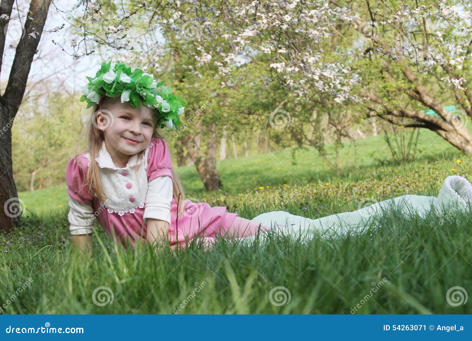 Girl in Wreath Sitting Under Spring Tree Stock Image - Image of child ...