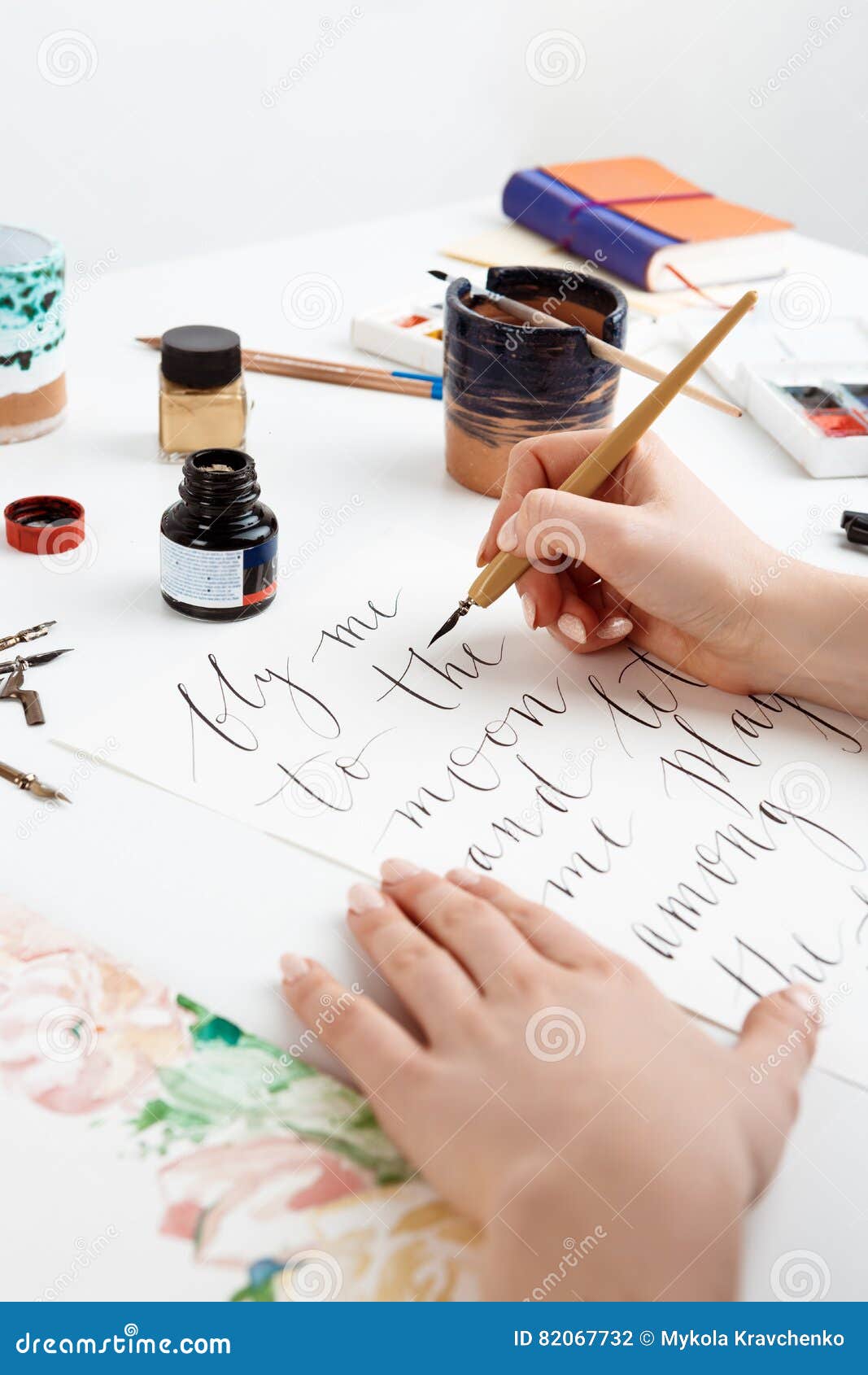 Girl Writing Calligraphy on Postcards. Art Design Stock Photo - Image ...