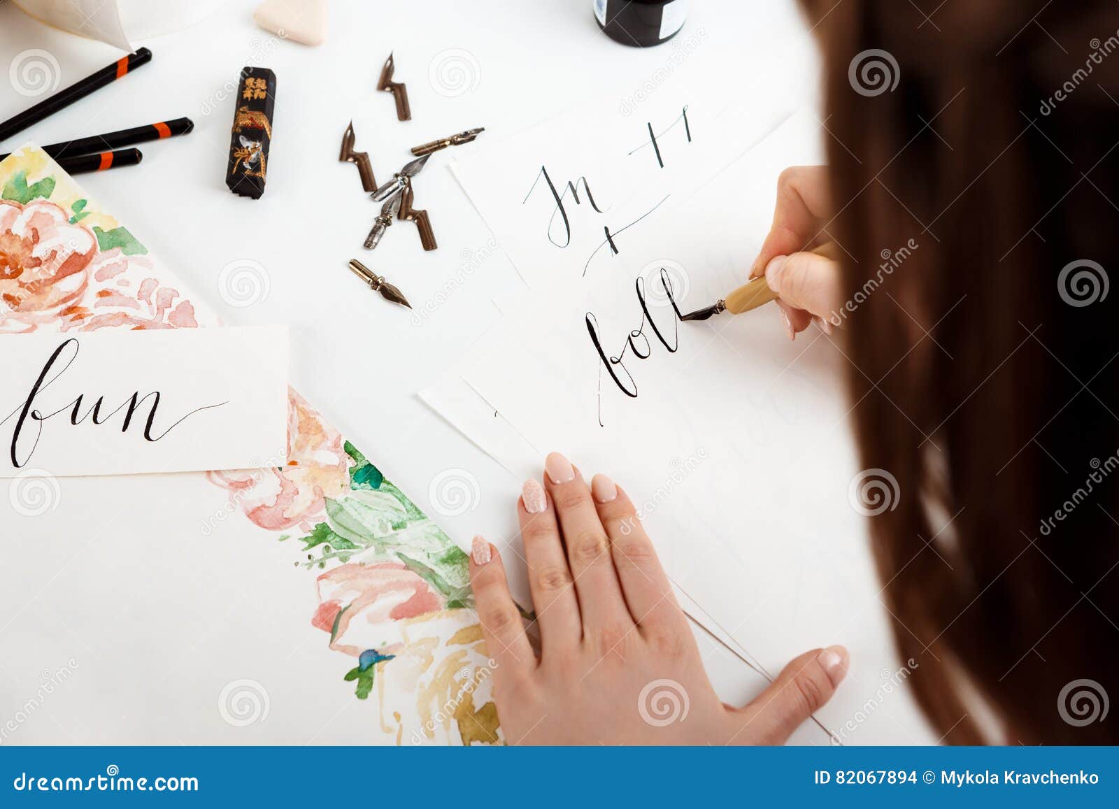 Girl Writing Calligraphy on Postcards. Art Design Stock Photo - Image ...