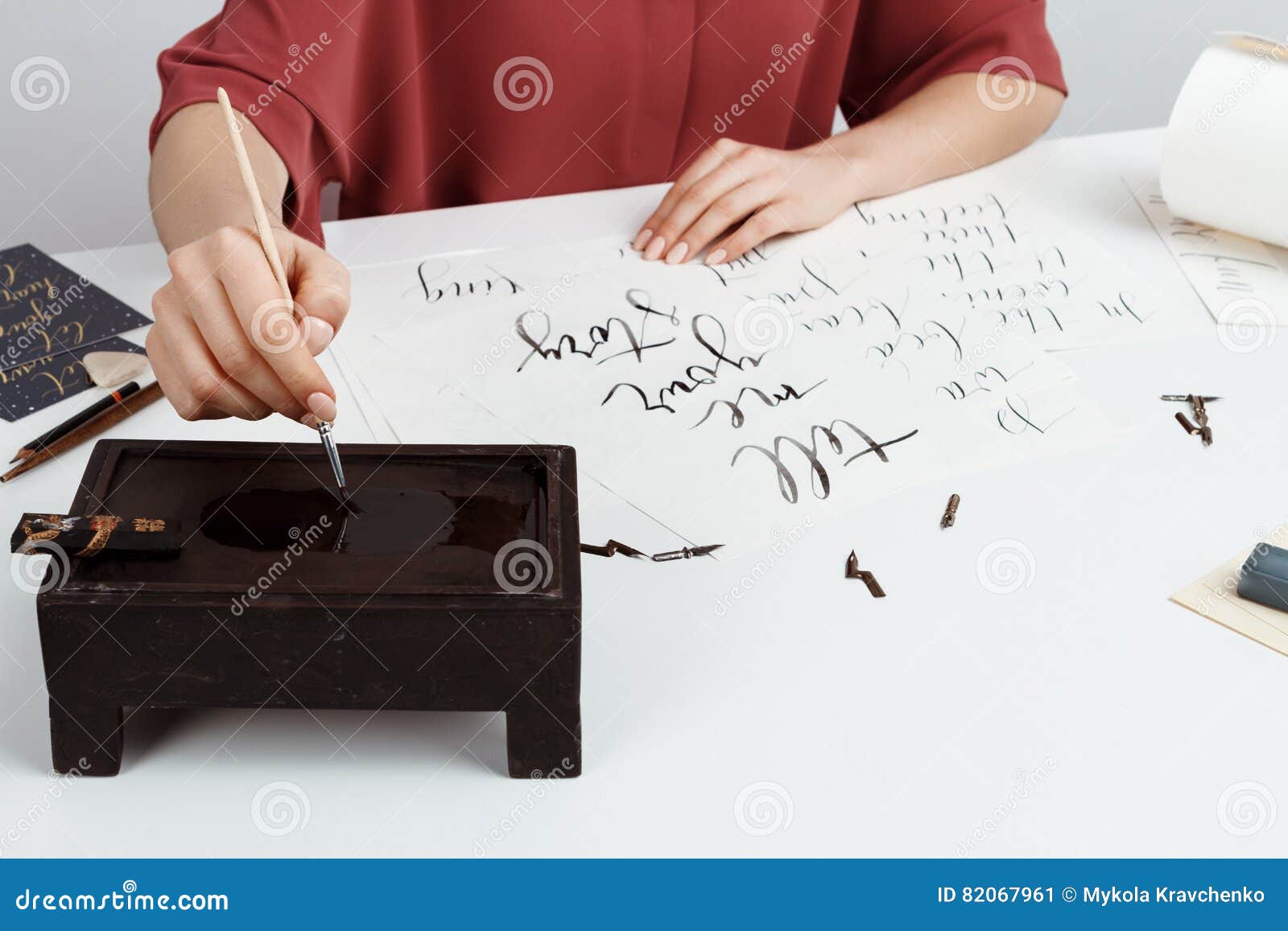Girl Writing Calligraphy on Postcards. Art Design Stock Image - Image ...