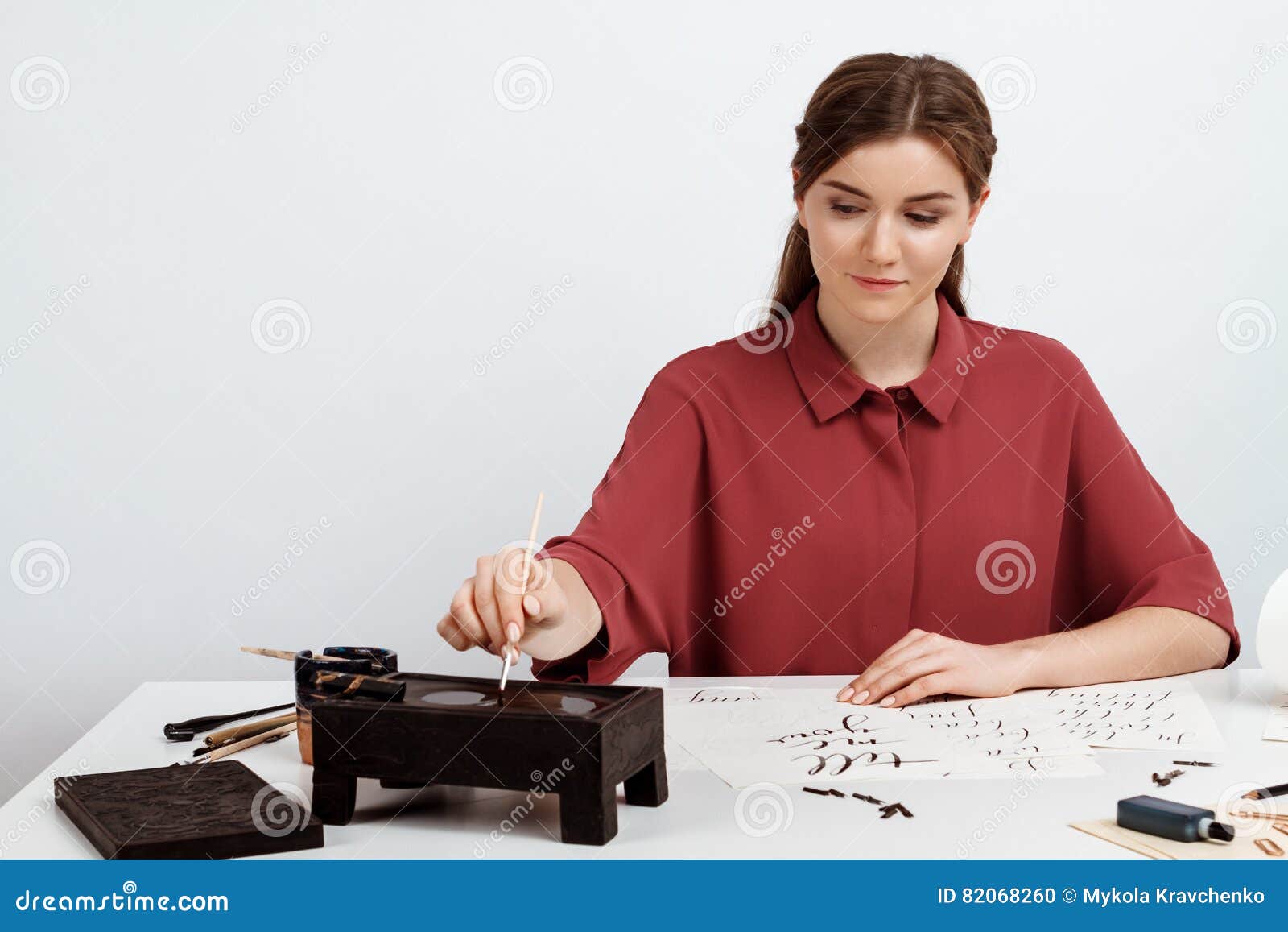 Girl Writing Calligraphy on Postcards. Art Design Stock Photo - Image ...