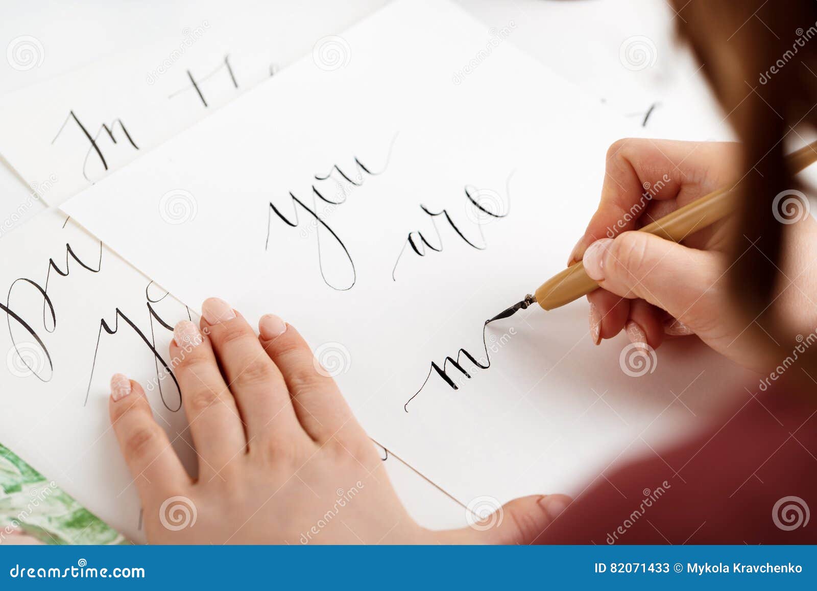 Girl Writing Calligraphy on Postcards. Art Design Stock Image - Image ...