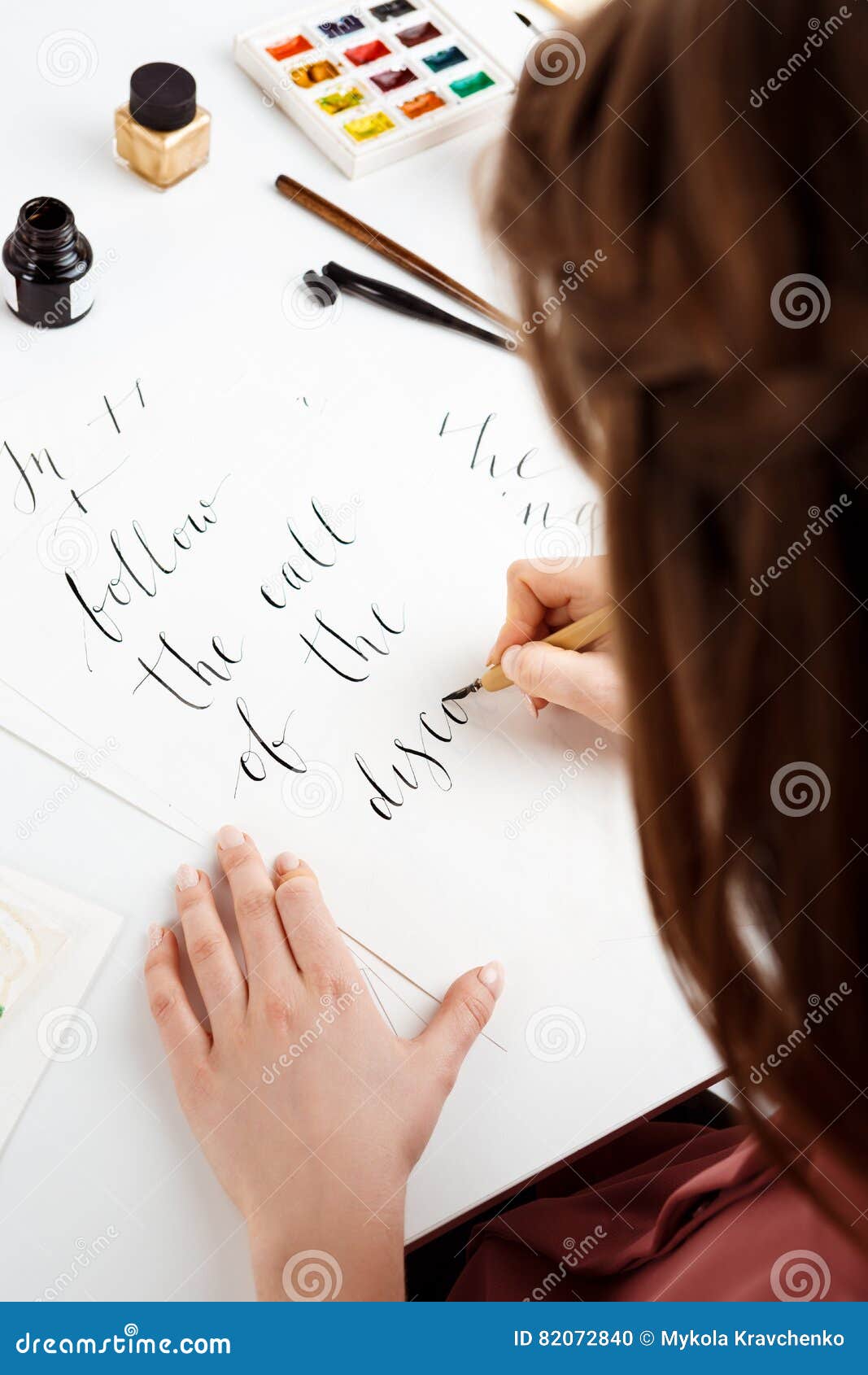 Girl Writing Calligraphy on Postcards. Art Design Stock Photo - Image ...