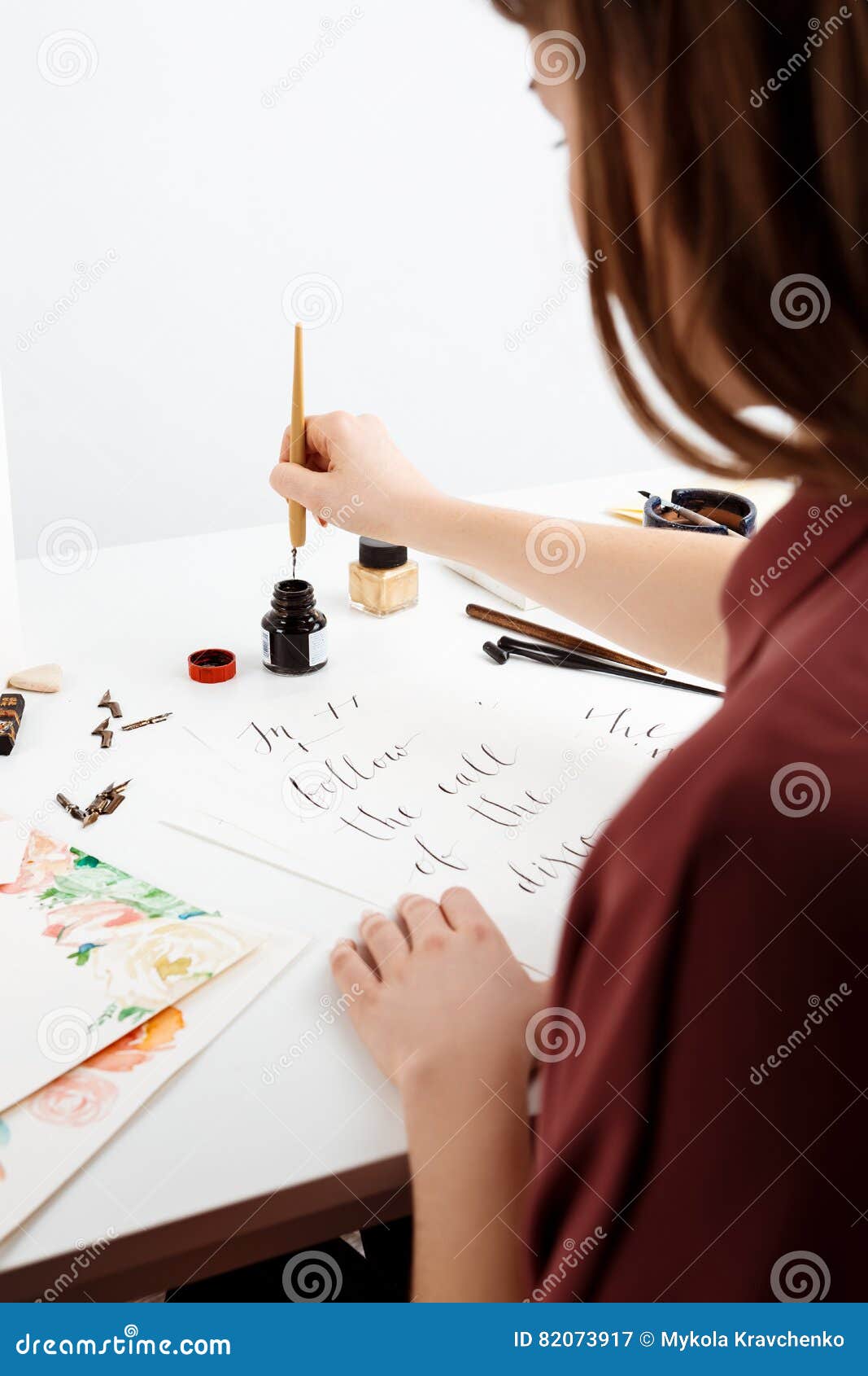 Girl Writing Calligraphy on Postcards. Art Design Stock Image - Image ...