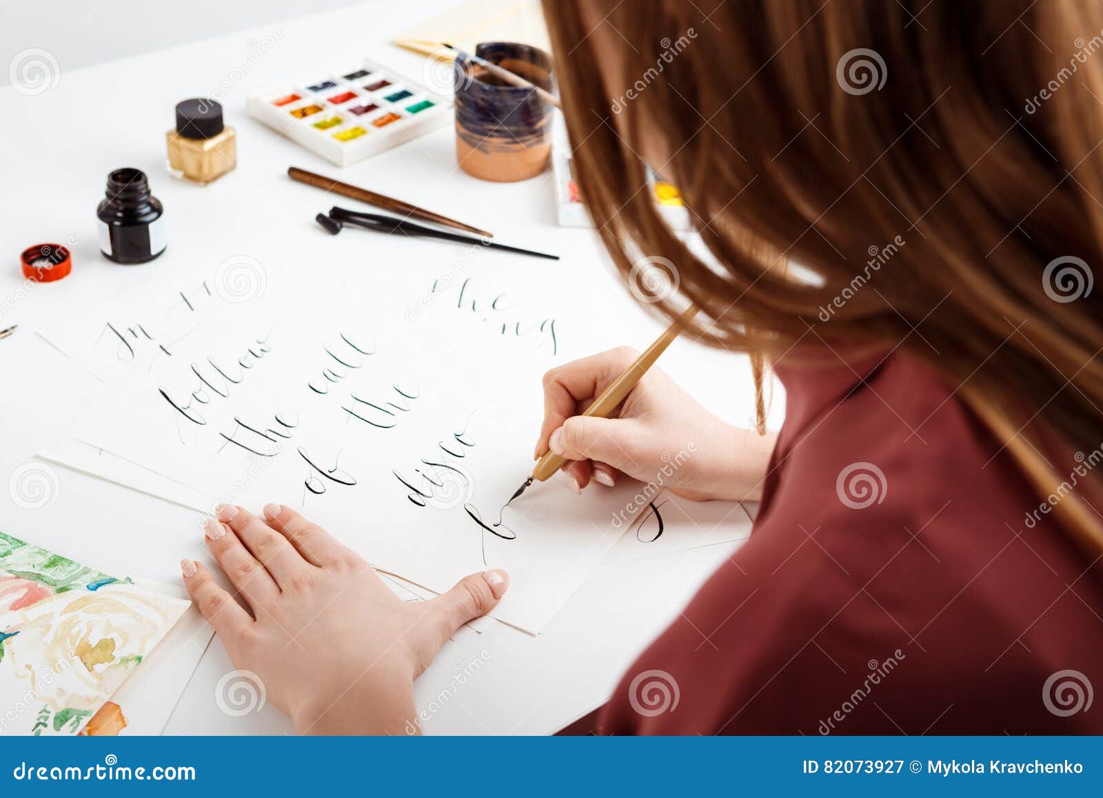 Girl Writing Calligraphy on Postcards. Art Design Stock Image - Image ...