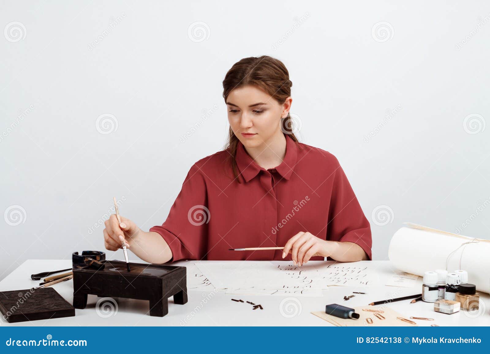 Girl Writing Calligraphy on Postcards. Art Design Stock Photo - Image ...