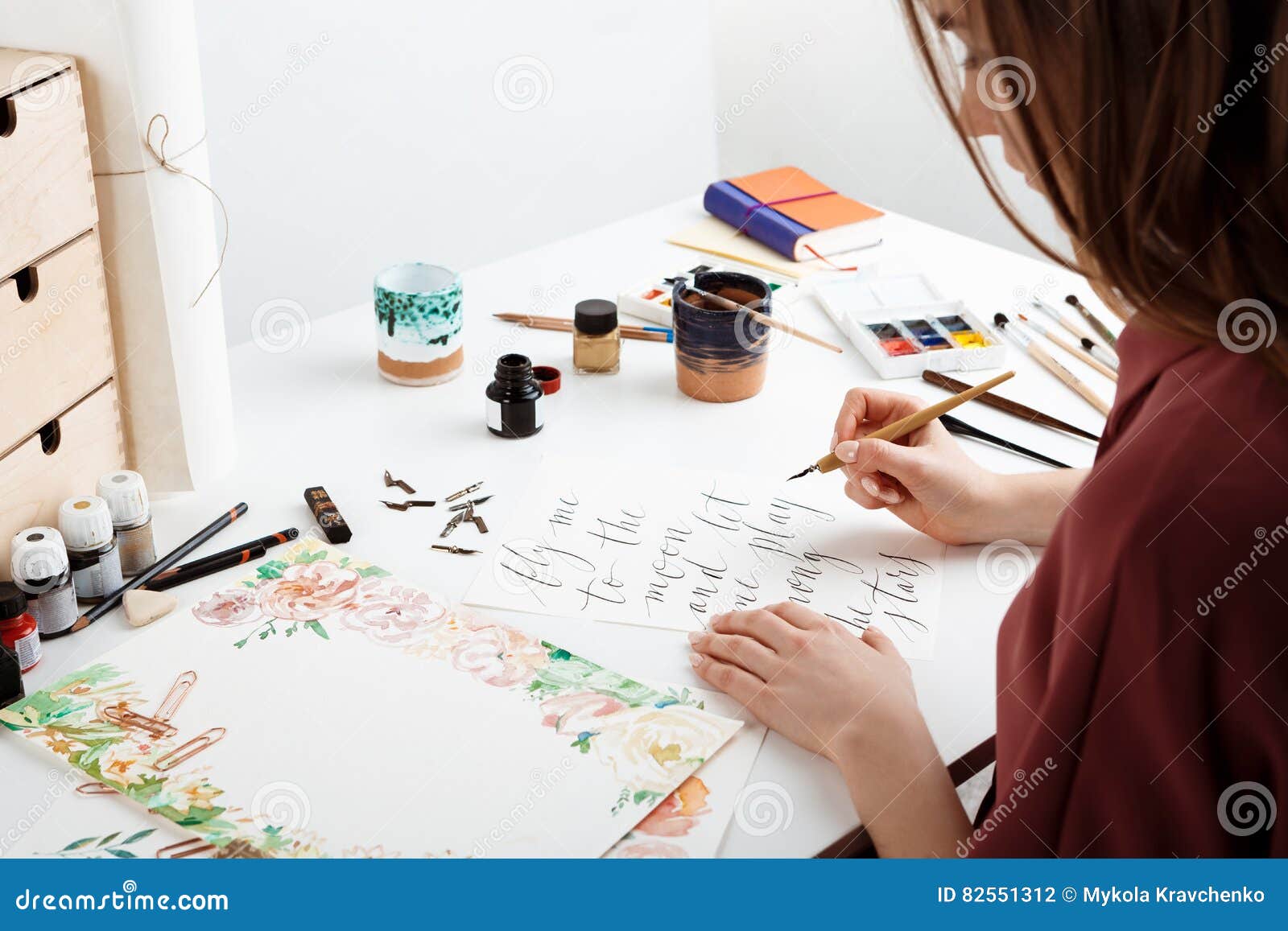 Girl Writing Calligraphy on Postcards. Art Design Stock Photo - Image ...