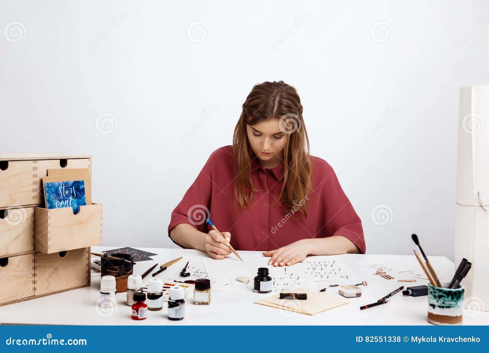 Girl Writing Calligraphy on Postcards. Art Design Stock Photo - Image ...