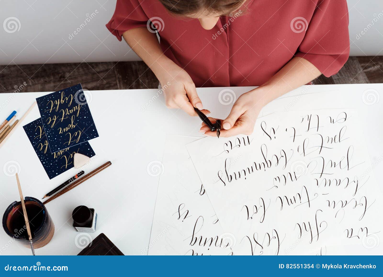 Girl Writing Calligraphy on Postcards. Art Design Stock Photo - Image ...