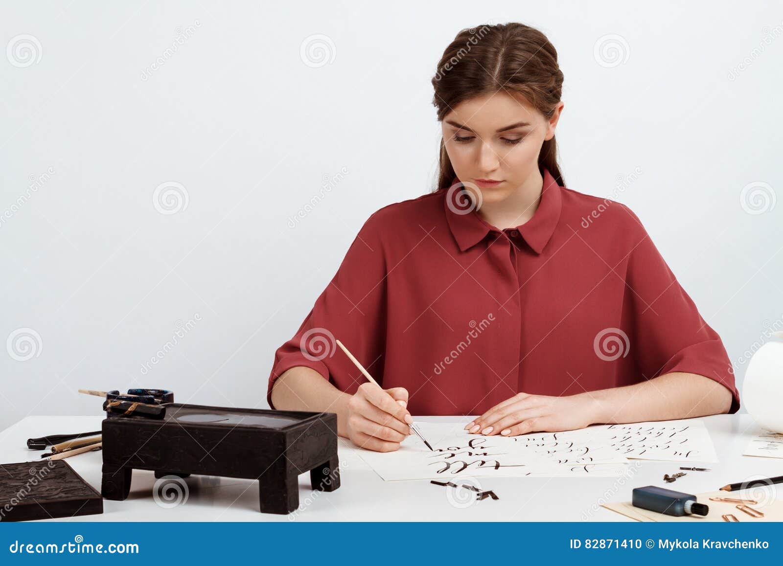 Girl Writing Calligraphy on Postcards. Art Design Stock Photo - Image ...