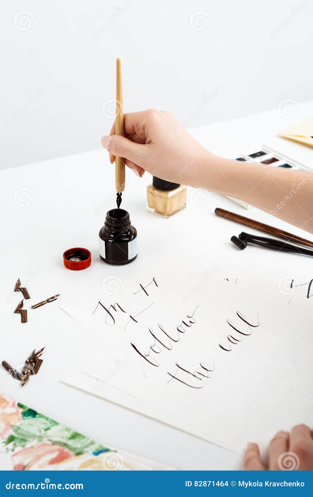 Girl Writing Calligraphy on Postcards. Art Design Stock Photo - Image ...