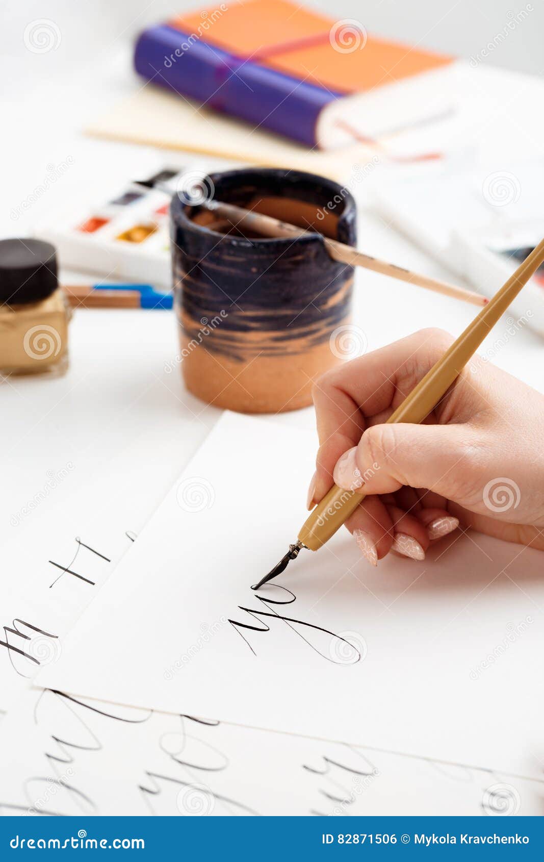 Girl Writing Calligraphy on Postcards. Art Design Stock Photo - Image ...