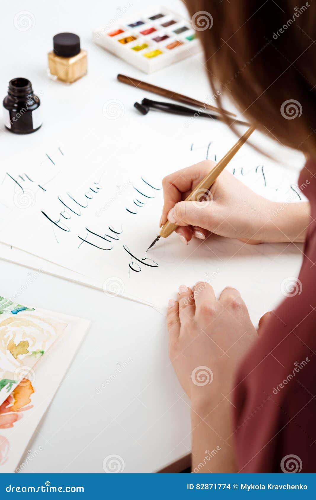 Girl Writing Calligraphy on Postcards. Art Design Stock Photo - Image ...