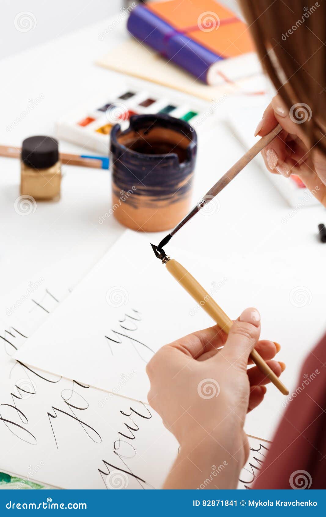 Girl Writing Calligraphy on Postcards. Art Design Stock Image - Image ...