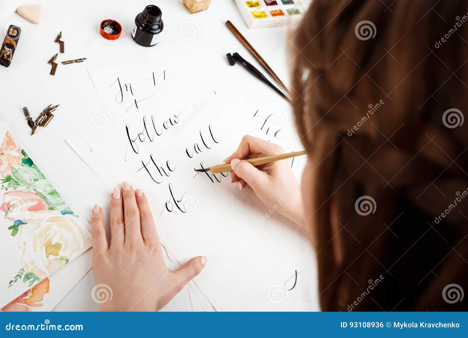 Girl Writing Calligraphy on Postcards. Art Design Stock Photo - Image ...