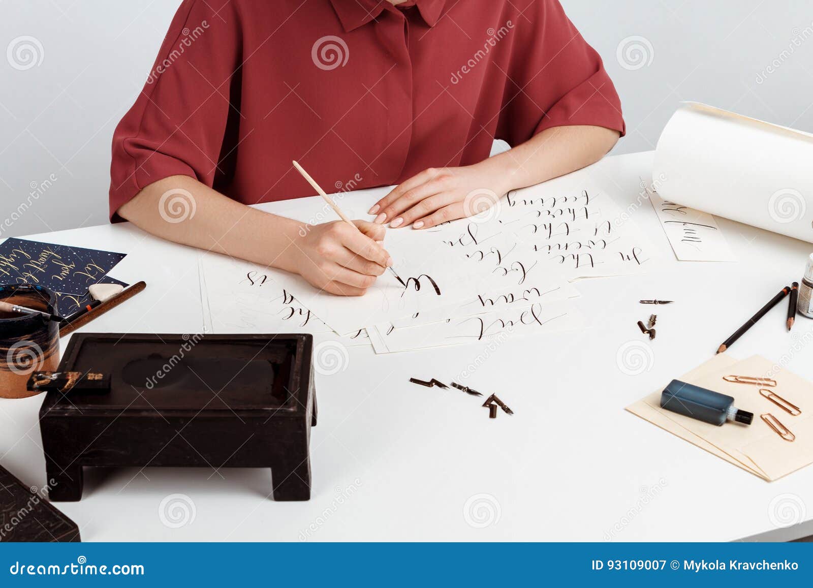 Girl Writing Calligraphy on Postcards. Art Design Stock Image - Image ...