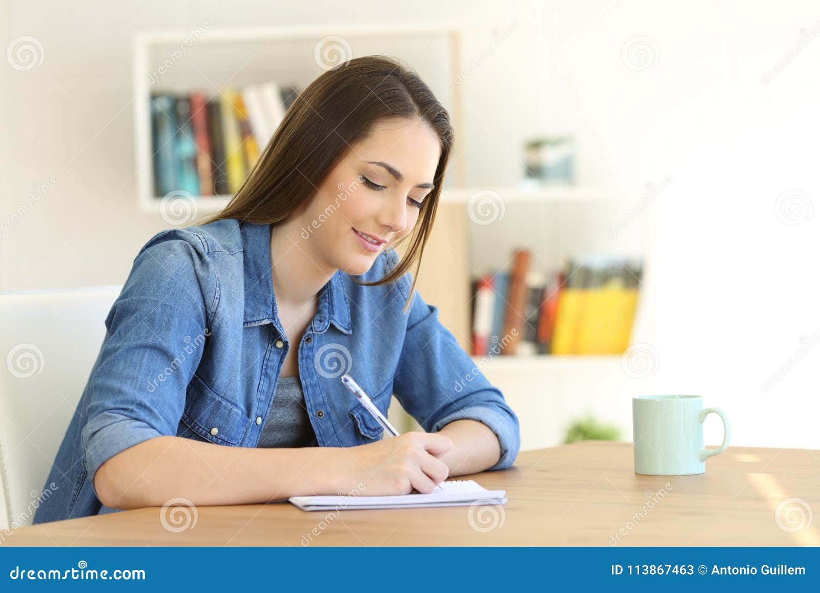 Girl Writing in a Notebook at Home Stock Image - Image of home ...