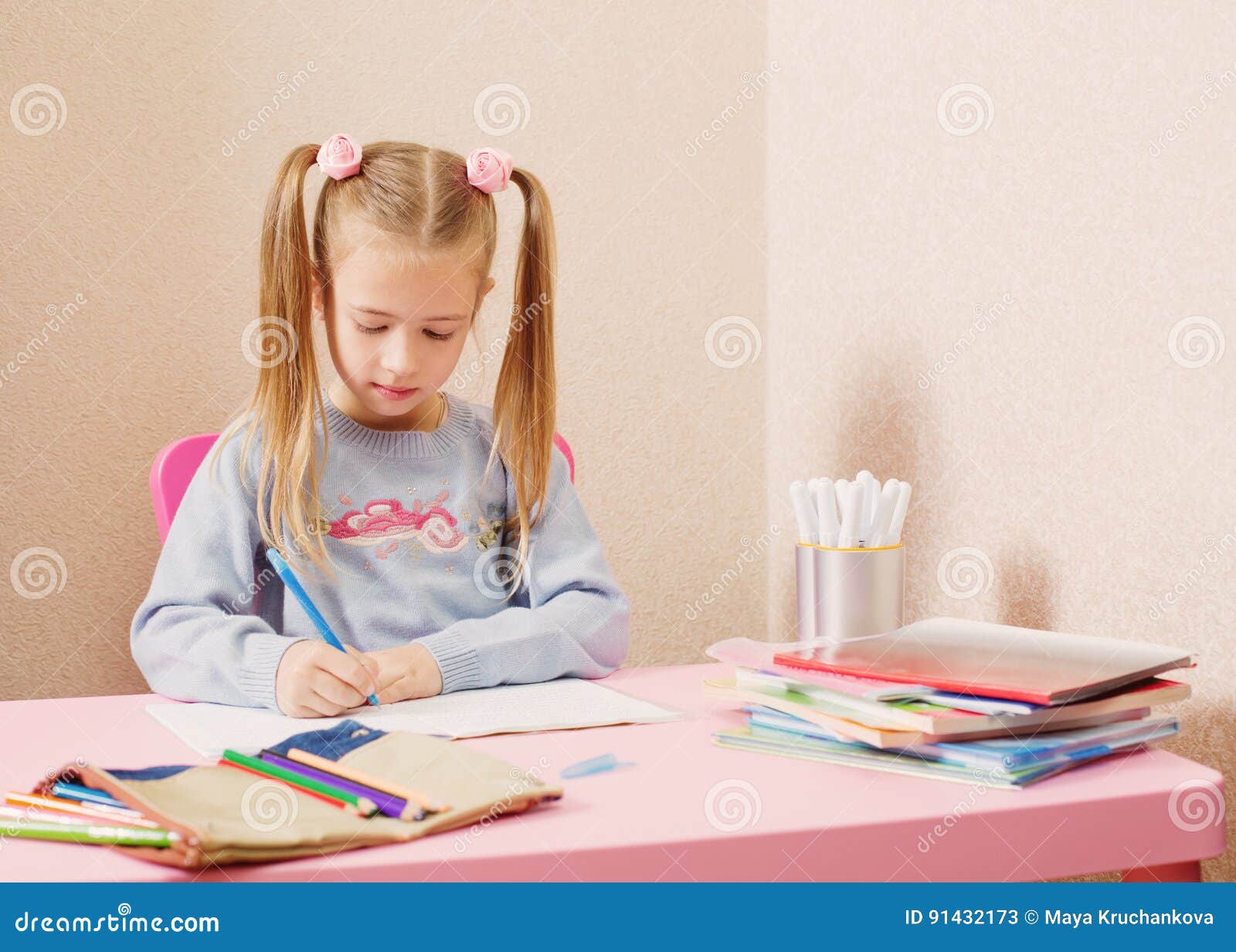 Girl writing with pen stock image. Image of childhood - 91432173