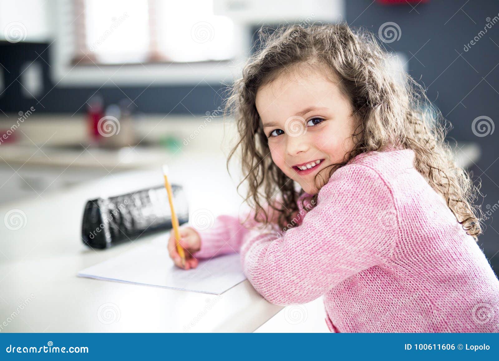 Girl Writing with Pen at the Table Stock Photo - Image of pink, lesson ...