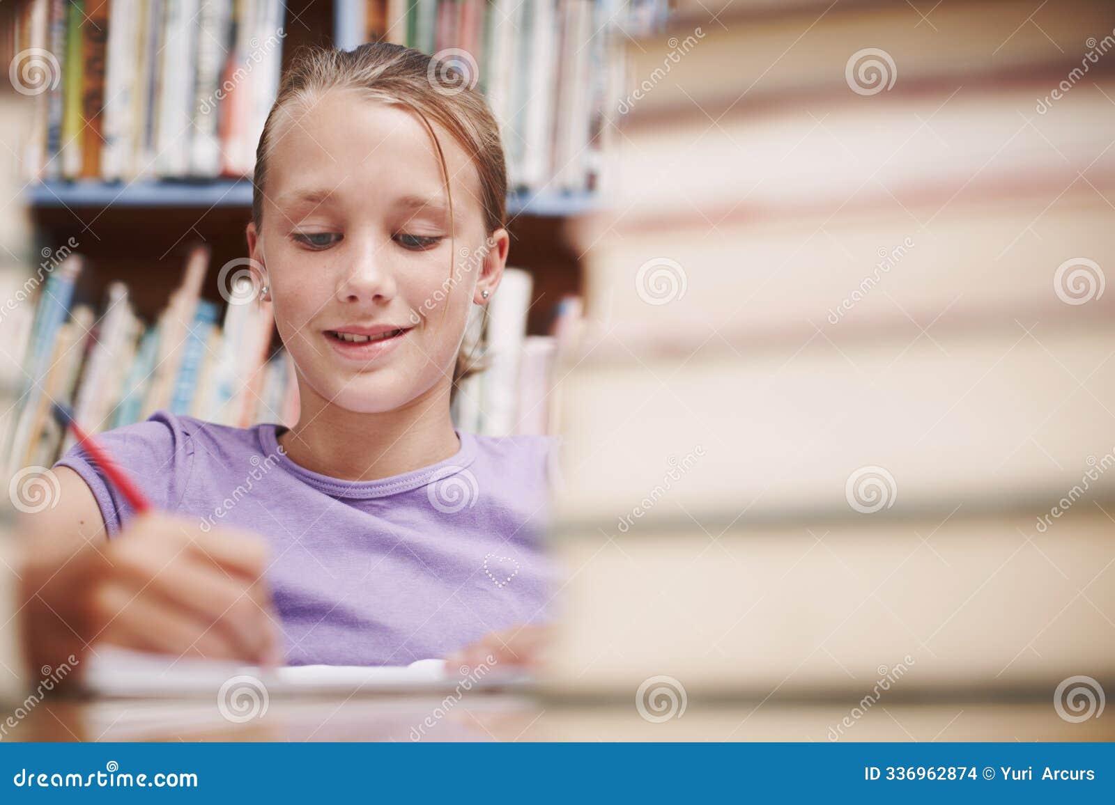 Girl, Writing and Smile in Library for Education, Knowledge and Happy ...