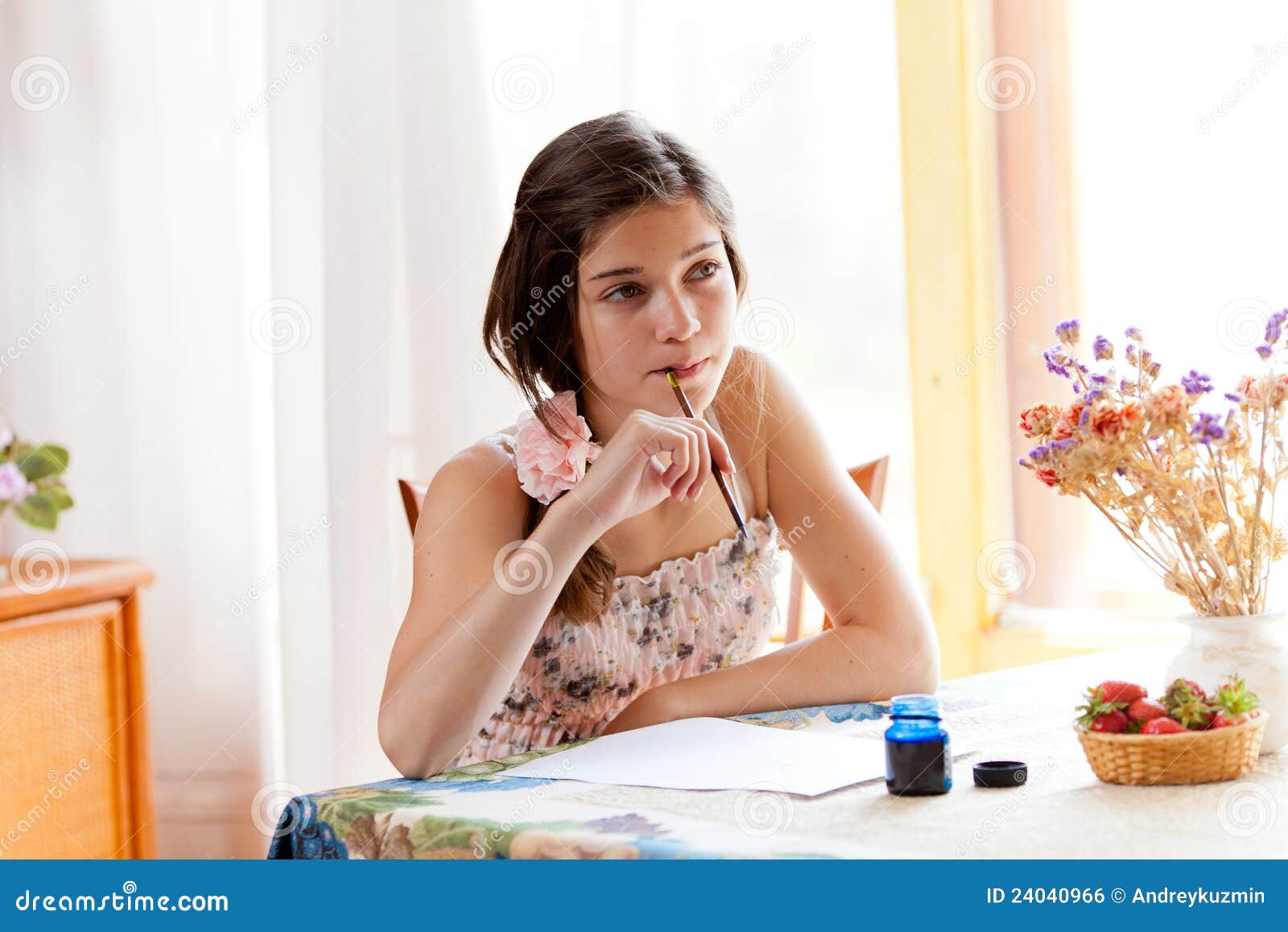 Girl Writing at Table by Pen Stock Photo - Image of lifestyle, school ...