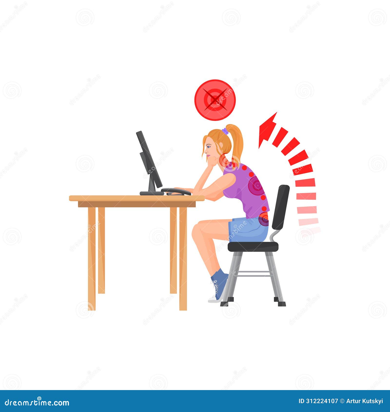 Girl in Wrong Sitting Posture at Computer Stock Vector - Illustration ...