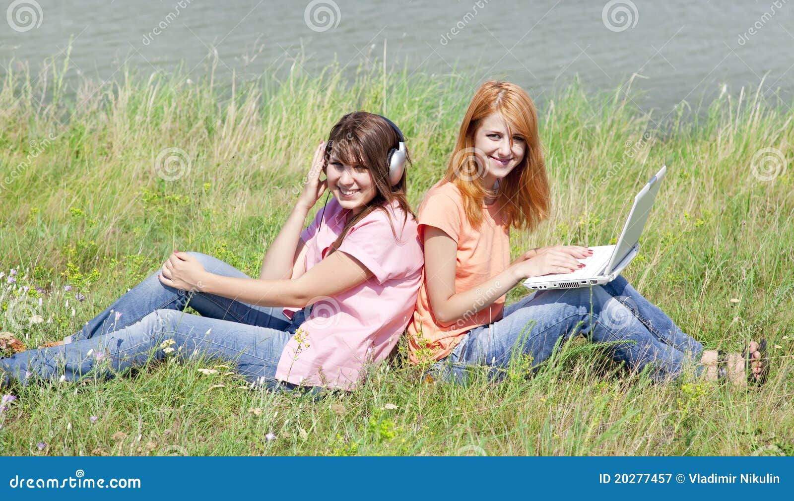 Girlfriends at Countryside with Laptop Stock Image - Image of female ...