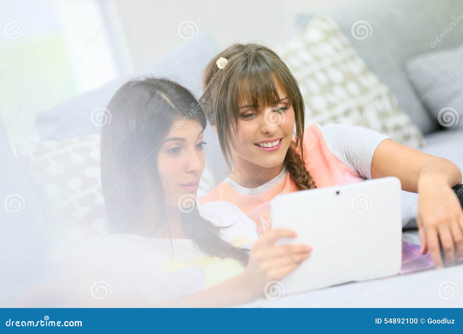Girlfriends at Home Using Tablet Stock Photo - Image of group, people ...