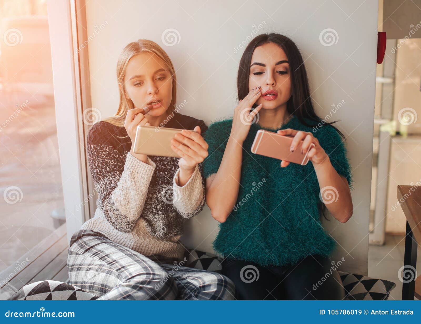 Girlfriends Together Doing Makeup Stock Image - Image of portrait ...