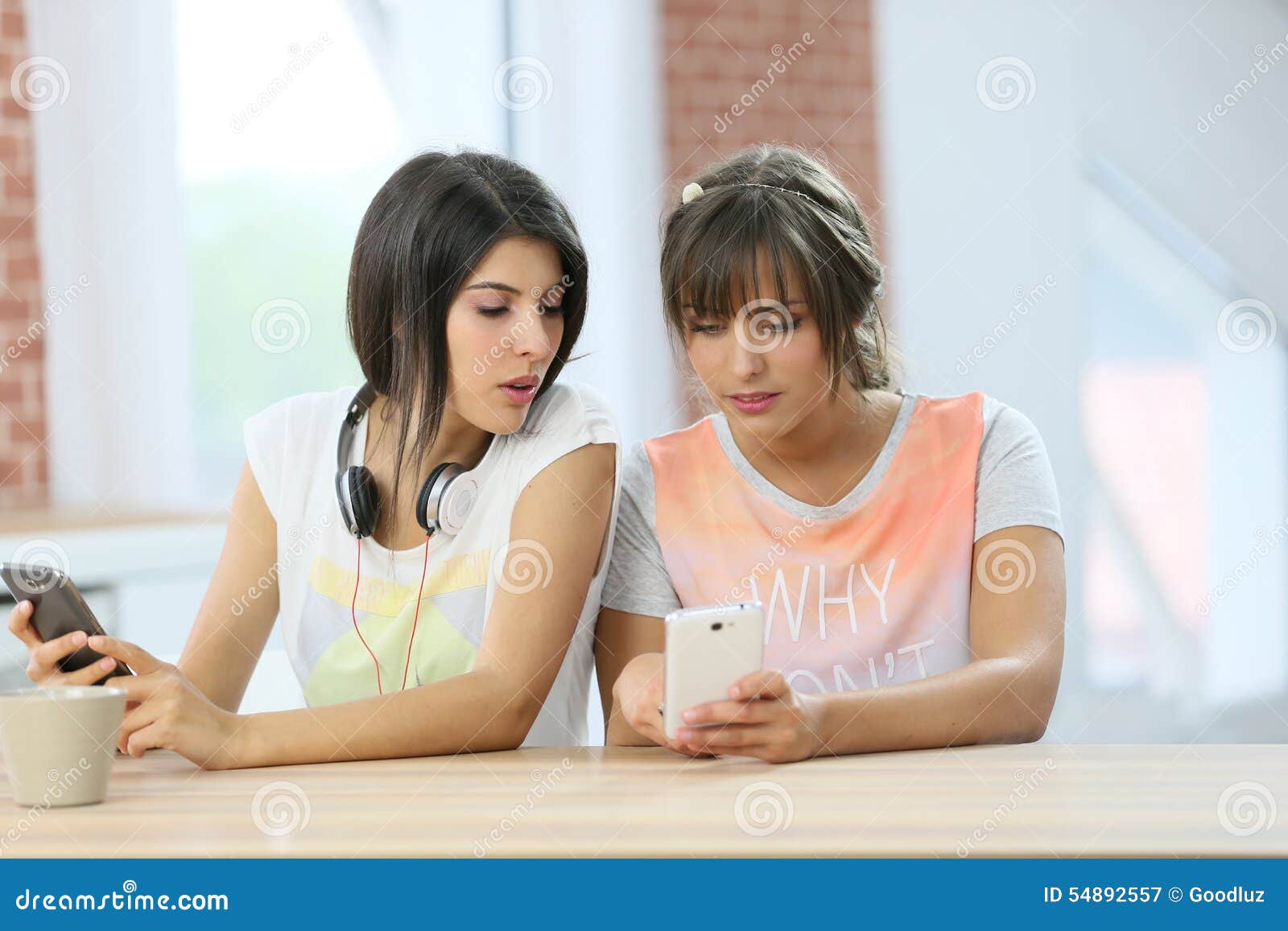 Girlfriends Using Smartphones At Home Stock Image Image Of Adults