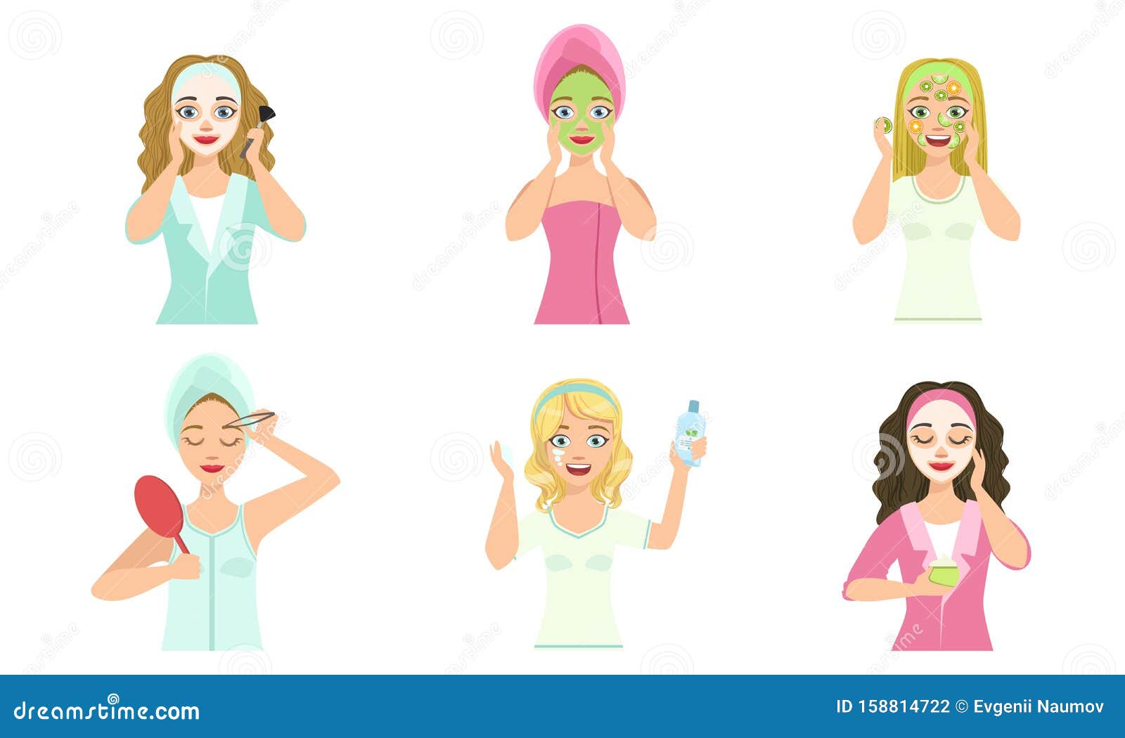 Girls Applying Different Facial Masks For Skin Care And Treatment Set