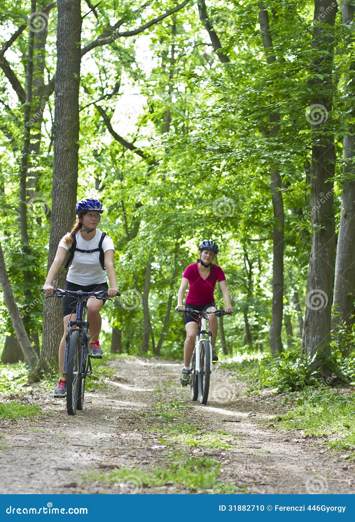 Girls biking in the forest stock photo. Image of girls - 31882710