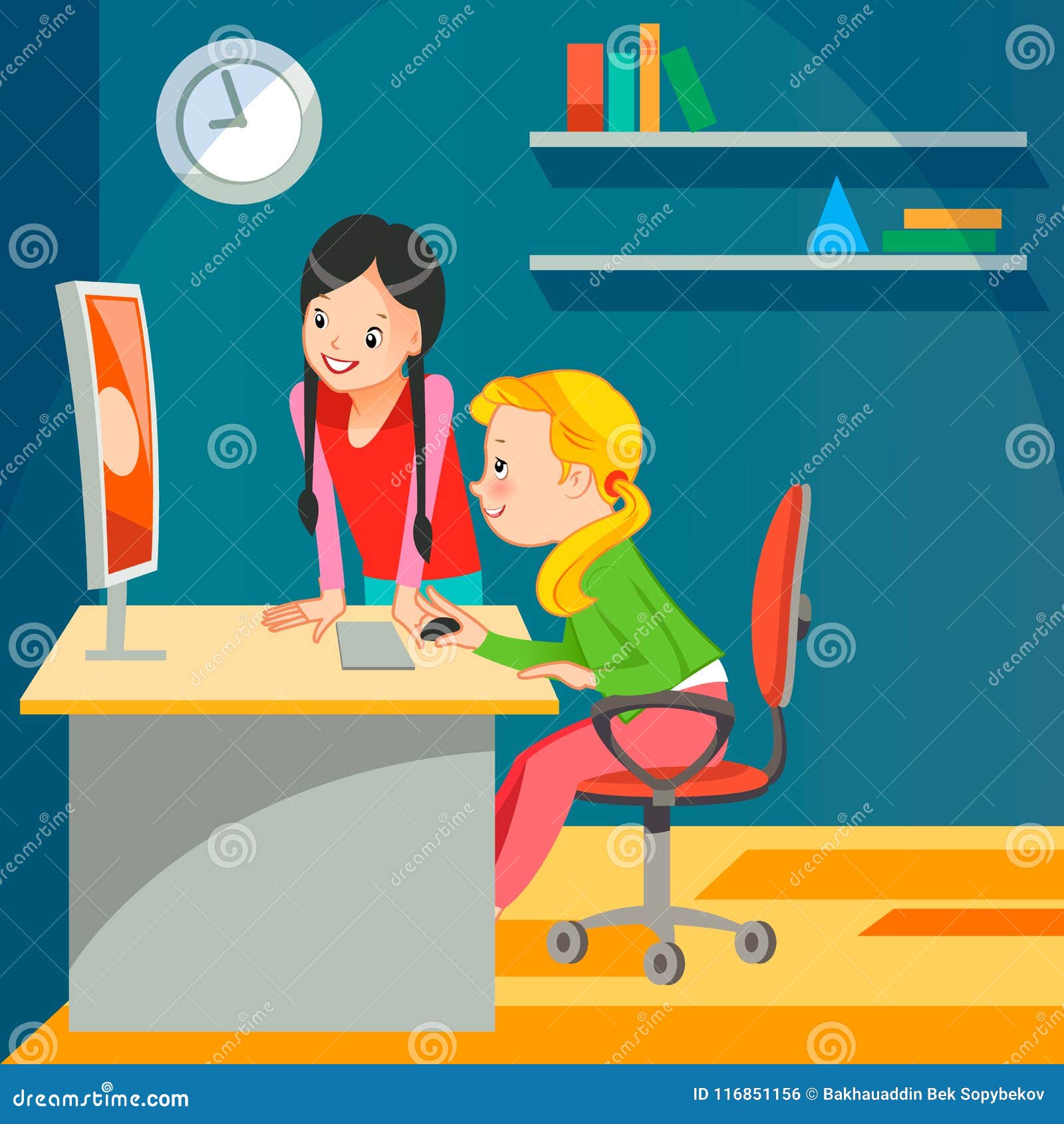 Girls c the computer stock vector. Illustration of beautiful - 116851156