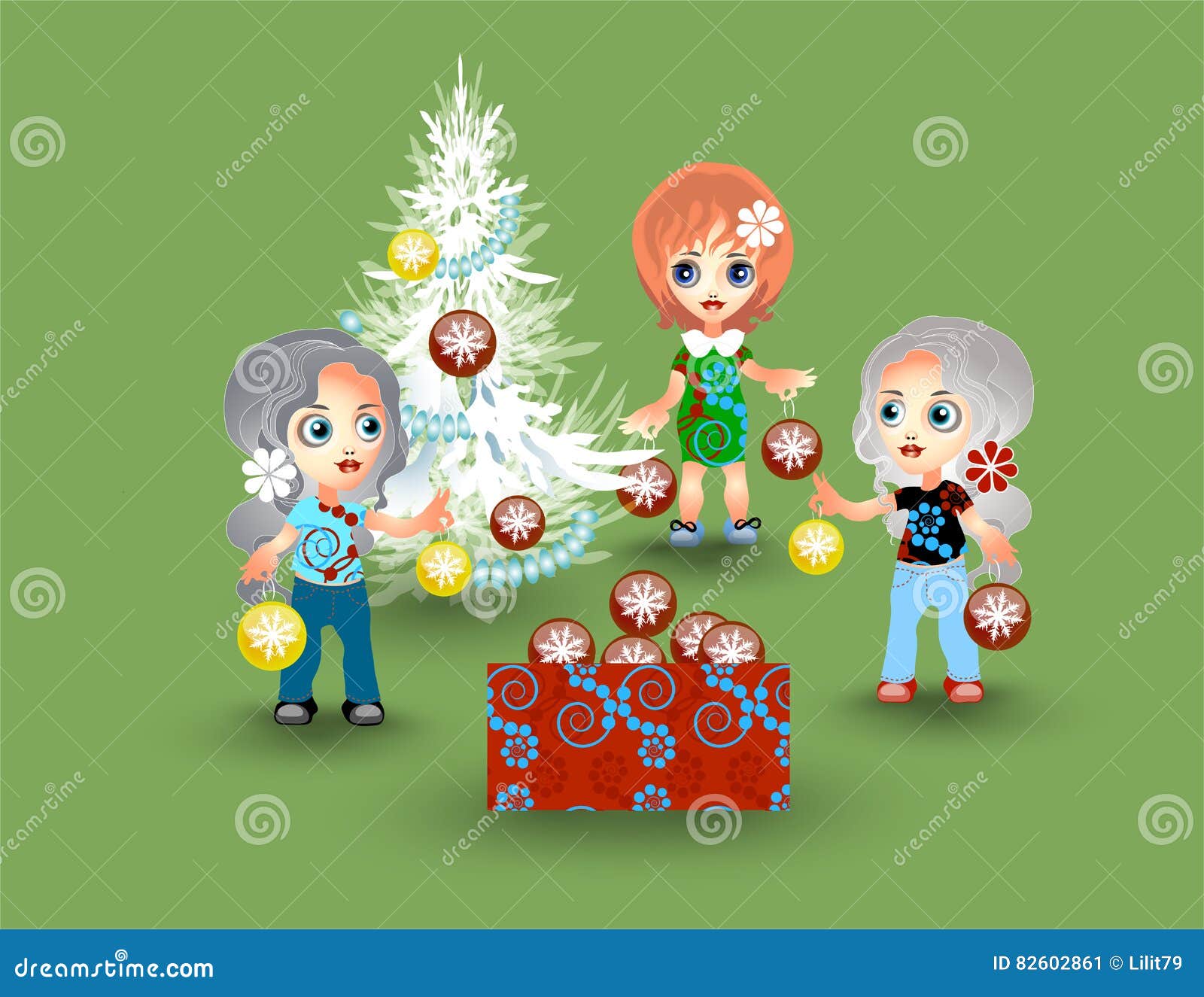 Girls Decorates the Christmas Tree Stock Vector - Illustration of girls ...