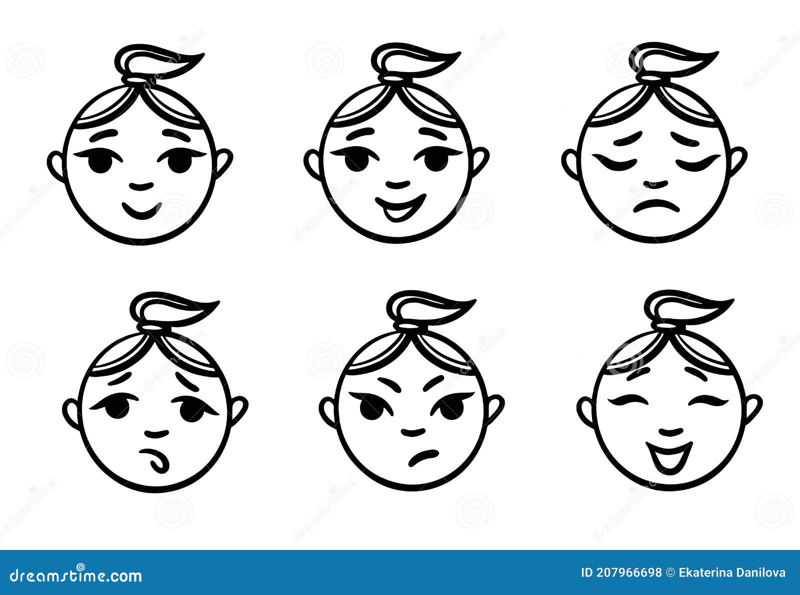 Girls With Different Types Of Moods. Set Of Faces. Vector Illustration ...