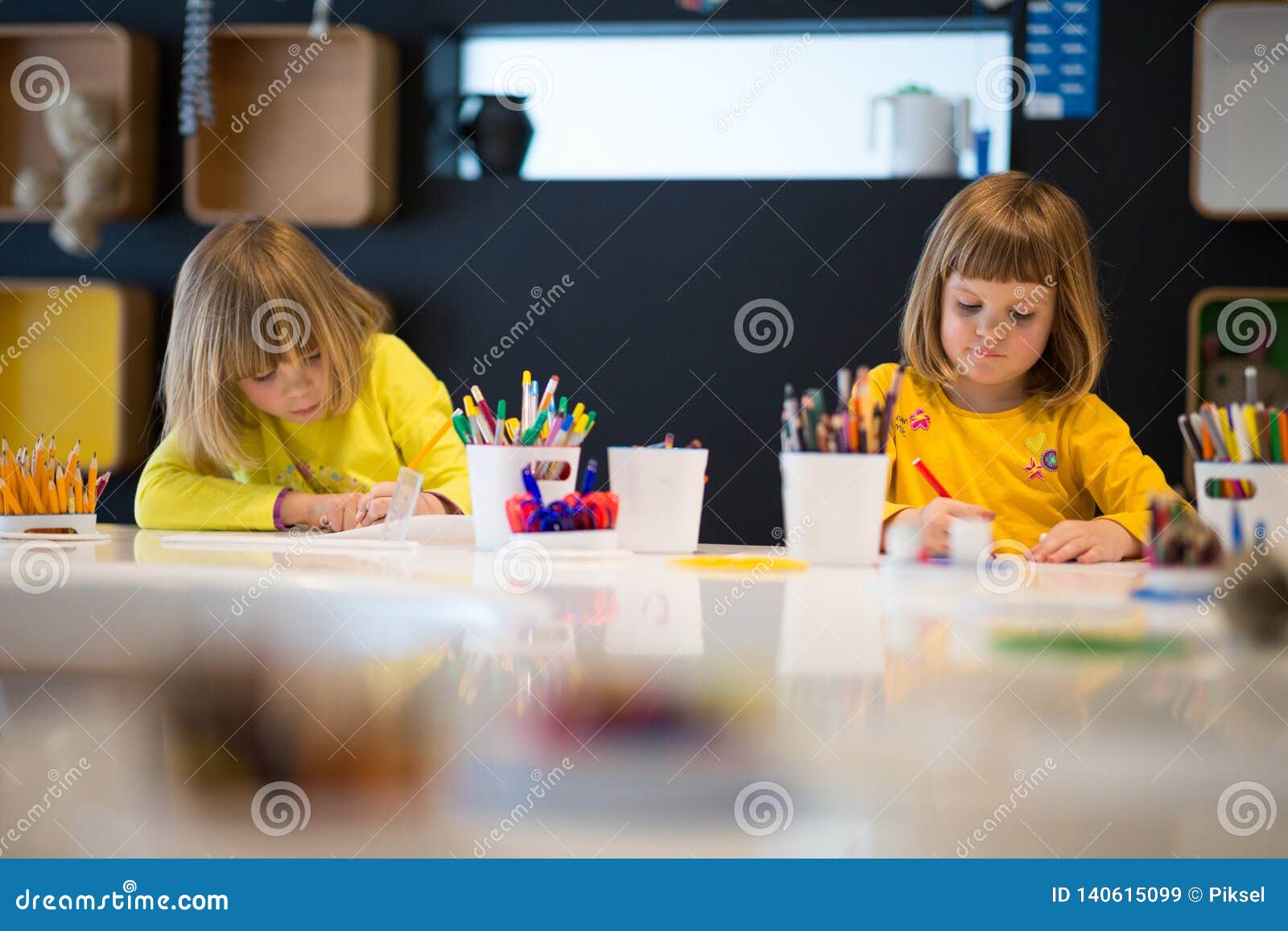 Girls drawing together stock image. Image of class, education - 140615099