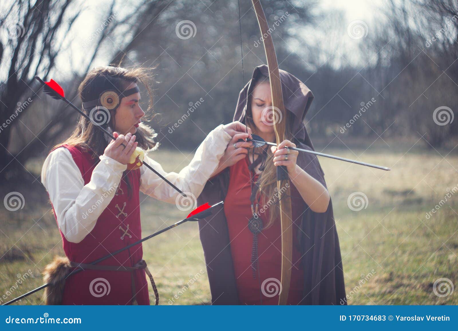 Girls Dressed As Medieval Teaching Archery at the Field Stock Image ...