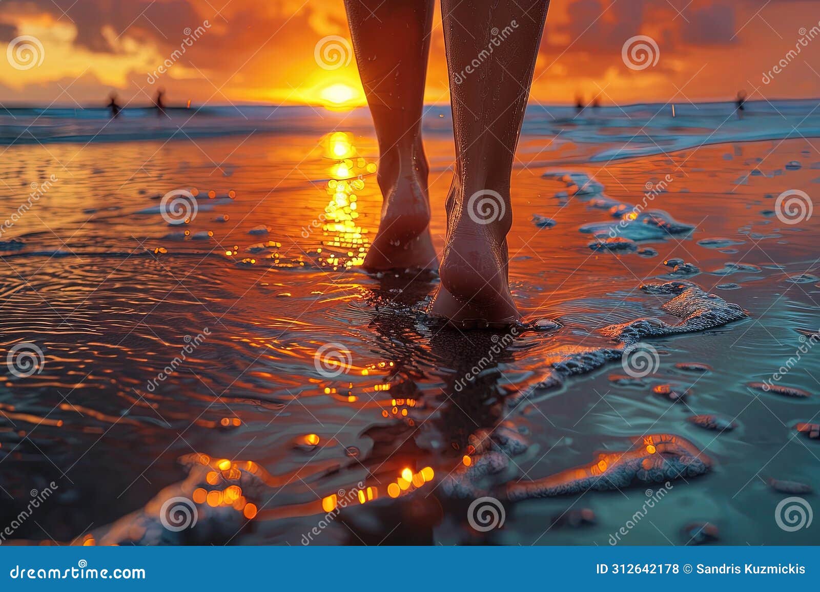 Girls Feet Walking on Beach at Sunset. Generative AI. Stock ...