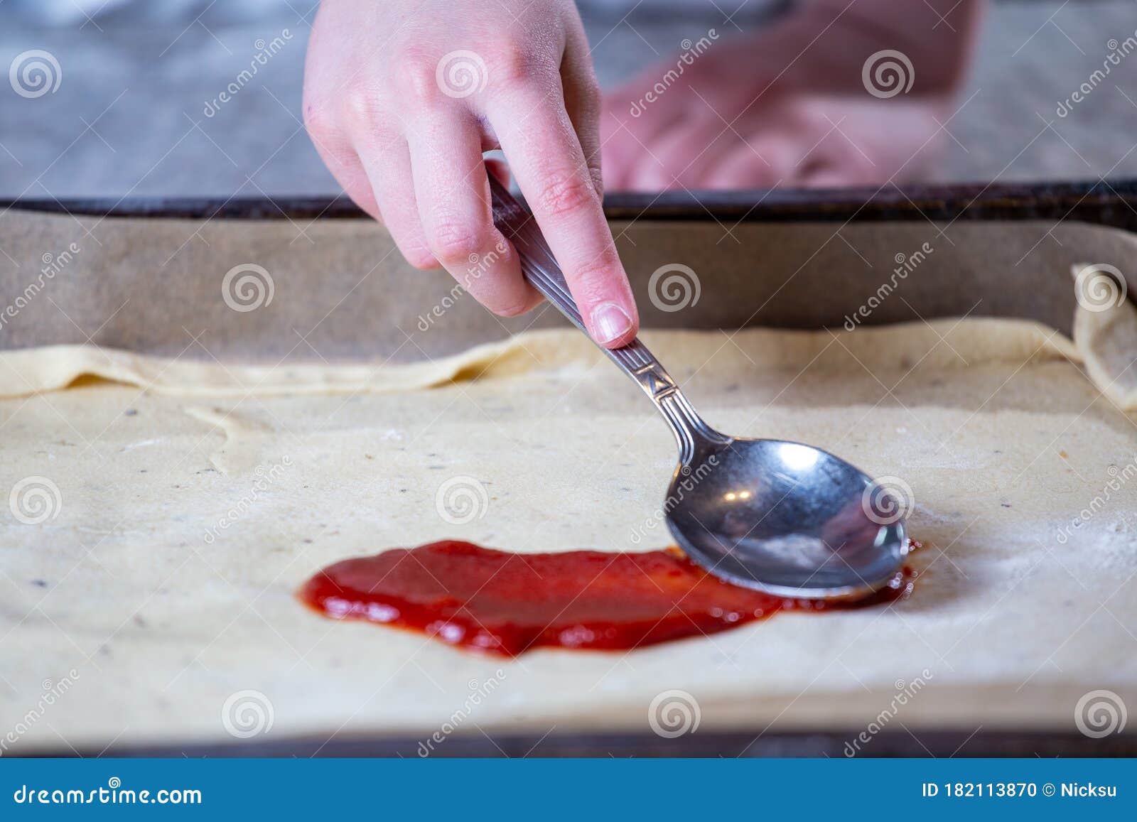 Girls Hand Spreading Sauce on Pizza Dough Stock Photo - Image of hobby ...