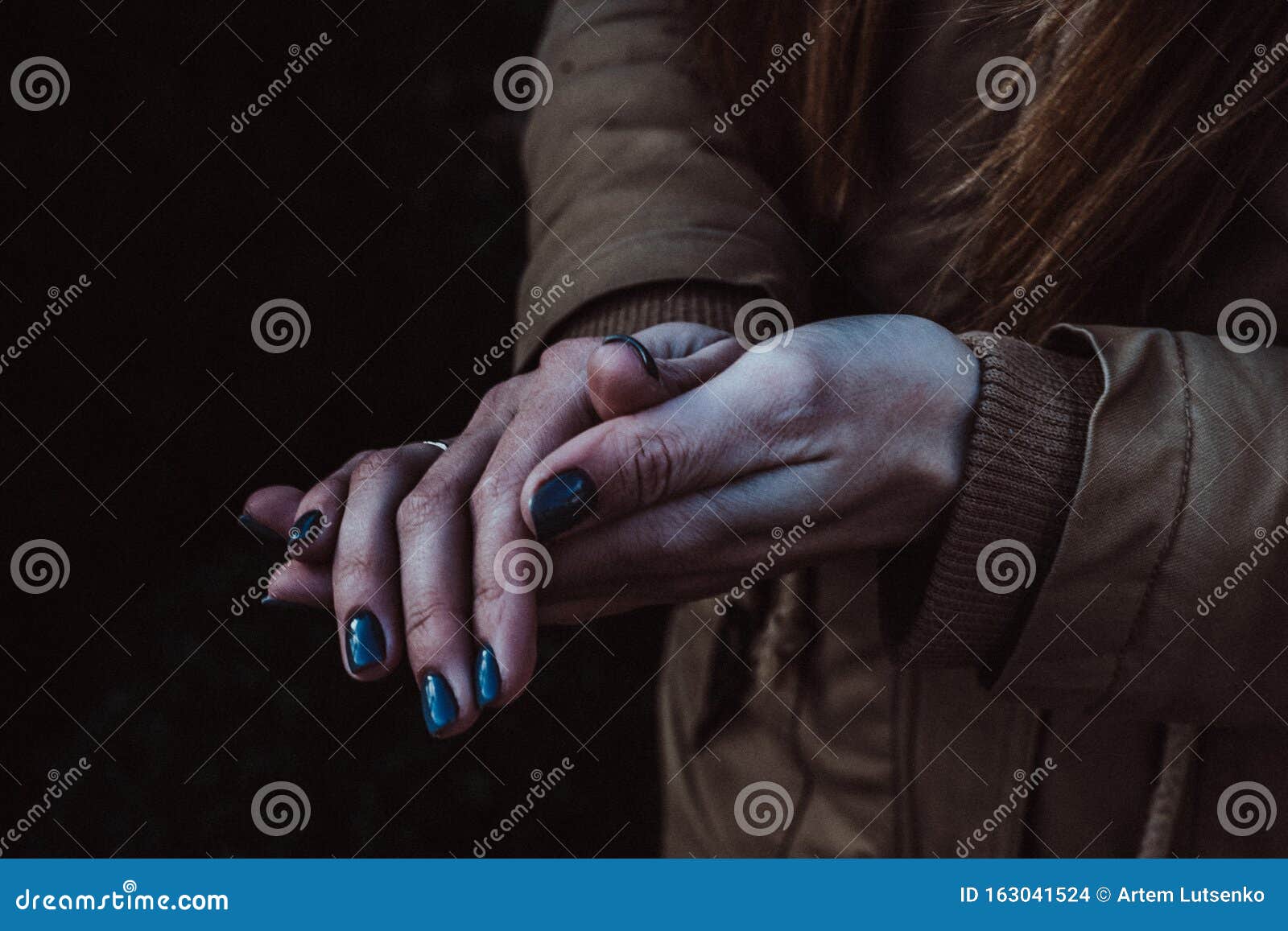 Girls hands in cold winter stock photo. Image of front - 163041524