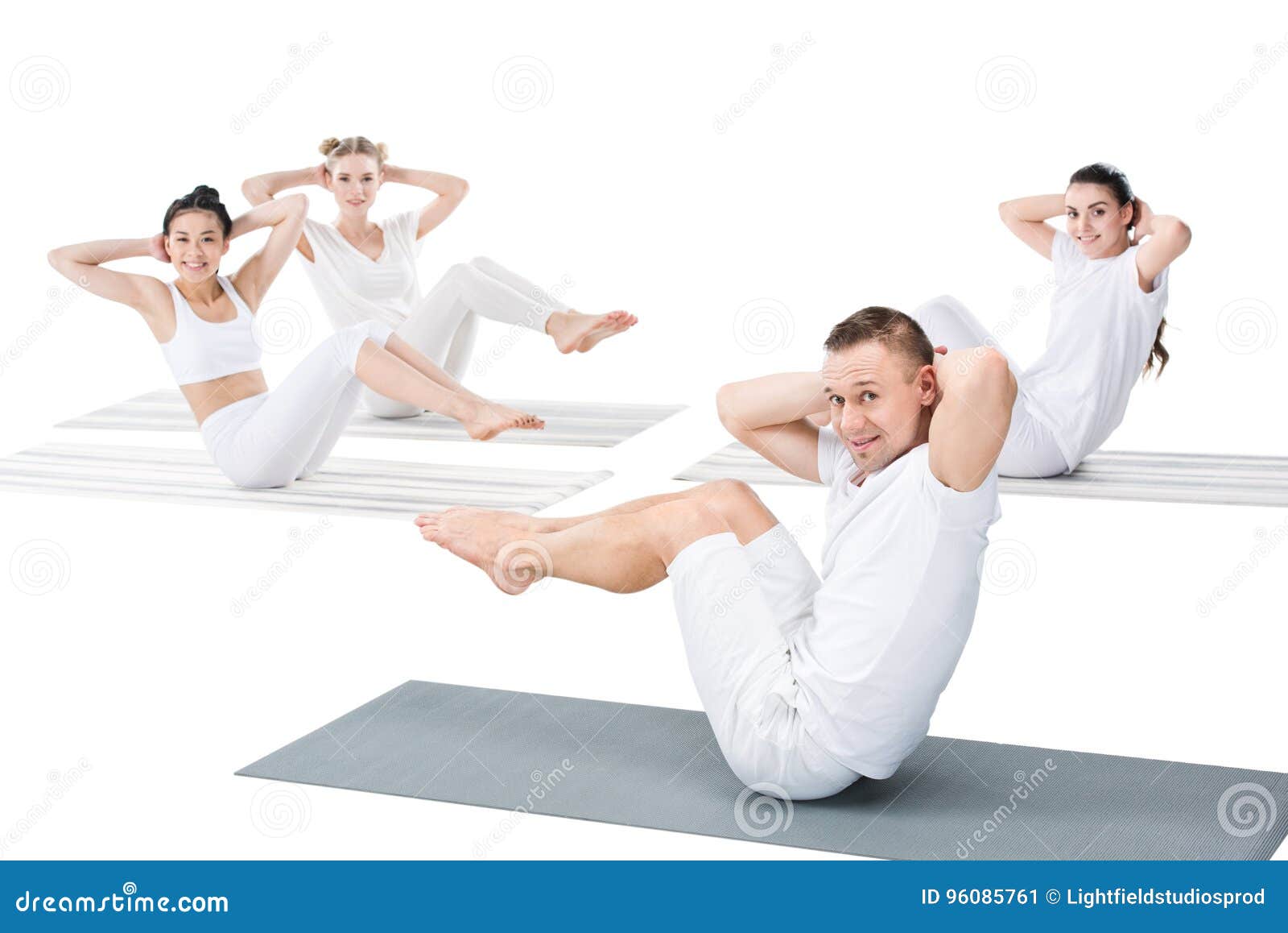 Girls with Instructor Doing Side Abdominal Crunches and Looking at ...