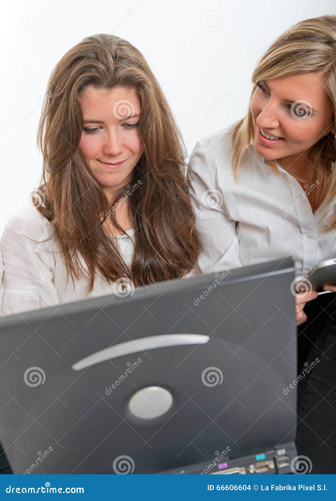 Girls with Laptop and Tablet Pc Stock Photo - Image of computer, group ...